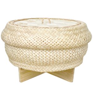 PANWA Handmade 100% Natural Thai Bamboo Sticky Rice “Electric Cooker Steamer Set”, Small Pot Insert ~ 6.5 Inch, Hewn Reed Wicker Woven Lid, 16’’ Cheesecloth Filter, and Wooden Spoon