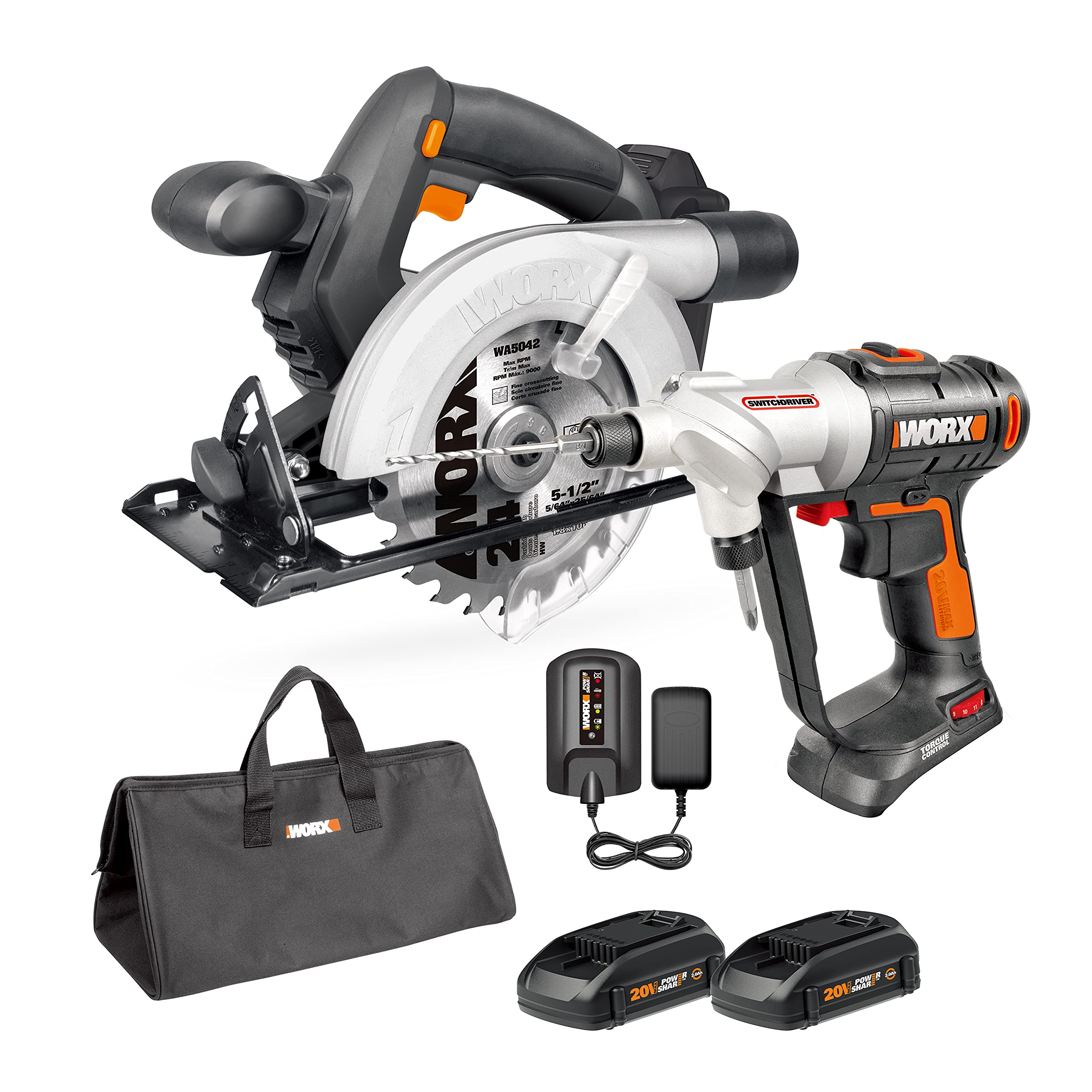 WORX 20V Cordless Switchdriver+Circular Saw WX957L 2-in-1 Drill & Driver and electric saw, Power Tool Combo Kit 2 * 2.0Ah Batteries & Charger Included