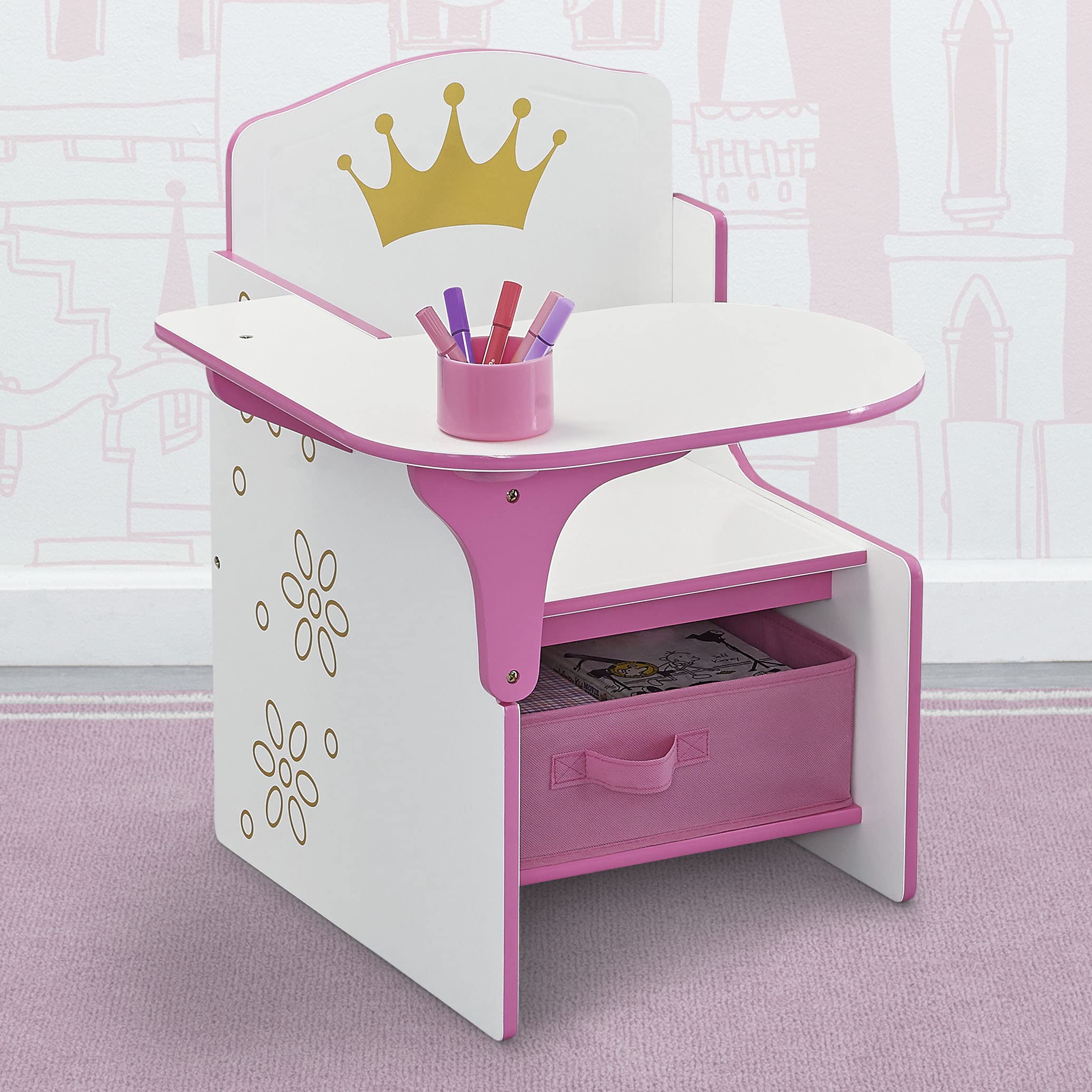 Delta Children Princess Crown Chair Desk with Storage Bin - Ideal for Arts & Crafts, Snack Time, Homeschooling, Homework & More - Greenguard Gold Certified, White/Pink