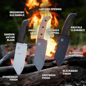 Off-Grid Knives - Grizzly V2 Chef Knife with Sandvik 14C28N Stainless Steel, Kydex Sheath and Belt Clip, G10 Scales, Lanyard Opening, Camping, BBQ & Home Kitchen Use (Stonewash)