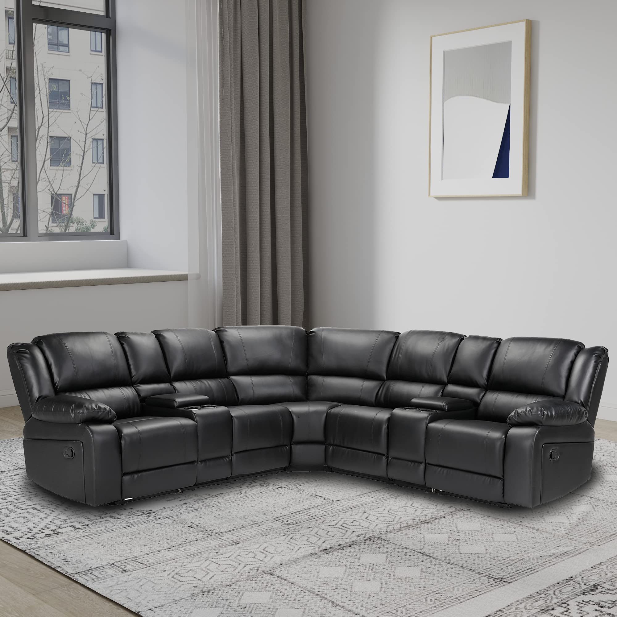 themagichome Sectional Sofa Symmetrical Reclining Sectional Sofa PU Modern Sectional Sofa Couch Power Motion Sofa Living Room Sofa Corner Sectional Sofa with Cup Holder-Black Leather,W223S00028