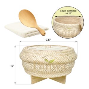 PANWA Handmade 100% Natural Thai Bamboo Sticky Rice “Electric Cooker Steamer Set”, Small Pot Insert ~ 6.5 Inch, Hewn Reed Wicker Woven Lid, 16’’ Cheesecloth Filter, and Wooden Spoon