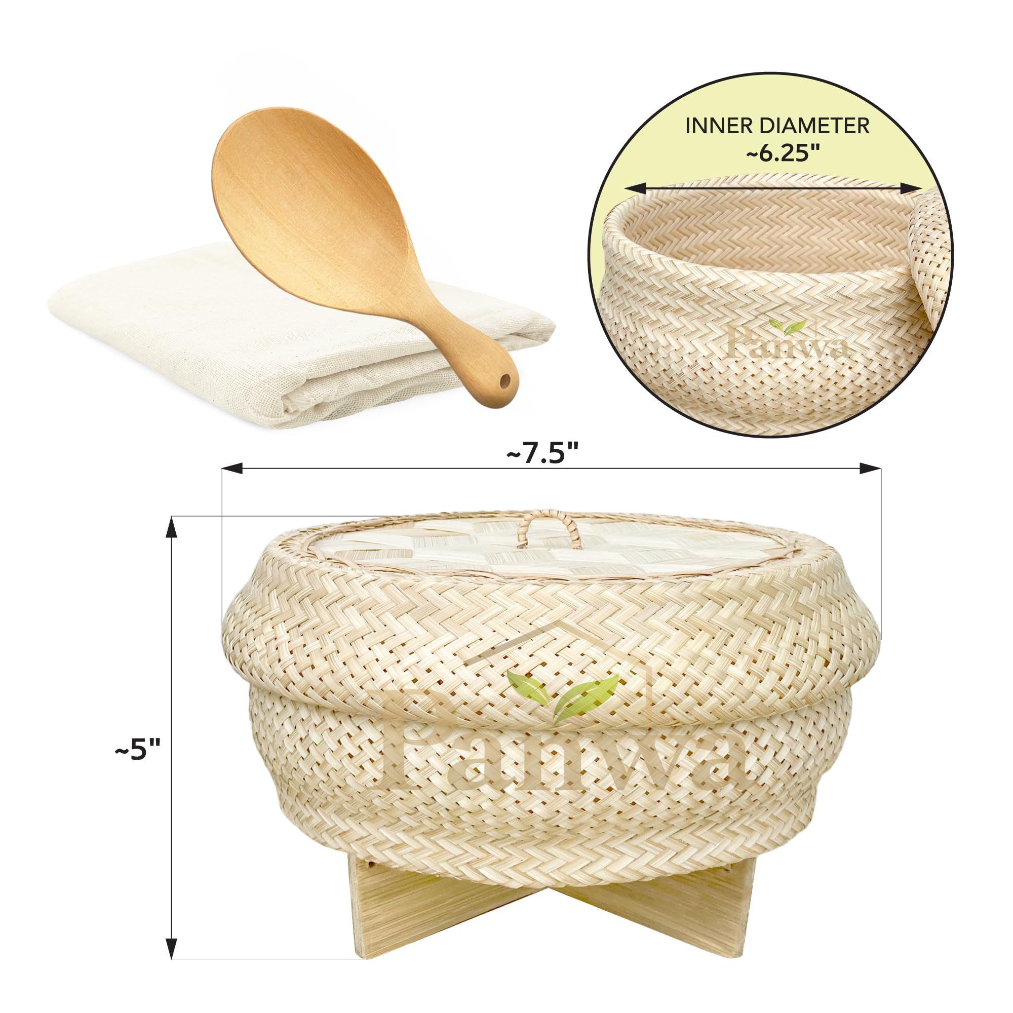 PANWA Handmade 100% Natural Thai Bamboo Sticky Rice “Electric Cooker Steamer Set”, Small Pot Insert ~ 6.5 Inch, Hewn Reed Wicker Woven Lid, 16’’ Cheesecloth Filter, and Wooden Spoon