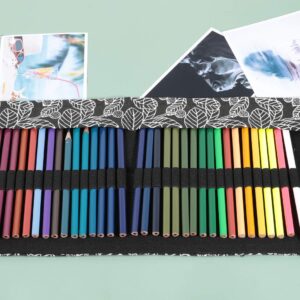 Denifiter 72 Slots Colored Pencils Roll Bag, Pen Paint Brush Storage Pouch Portable for,Women, Men (Black Leaf)