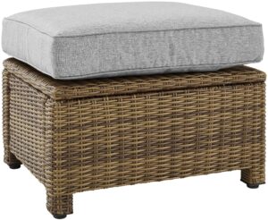 crosley furniture bradenton wicker outdoor ottoman foot rest for patio, deck, porch, brown with gray cushions