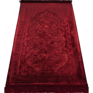 modefa luxury velvet prayer rug with prayer beads | soft elegant muslim turkish janamaz sajada carpet for men and women | plain solid prayer mat ramadan eid gift - paisley (red)