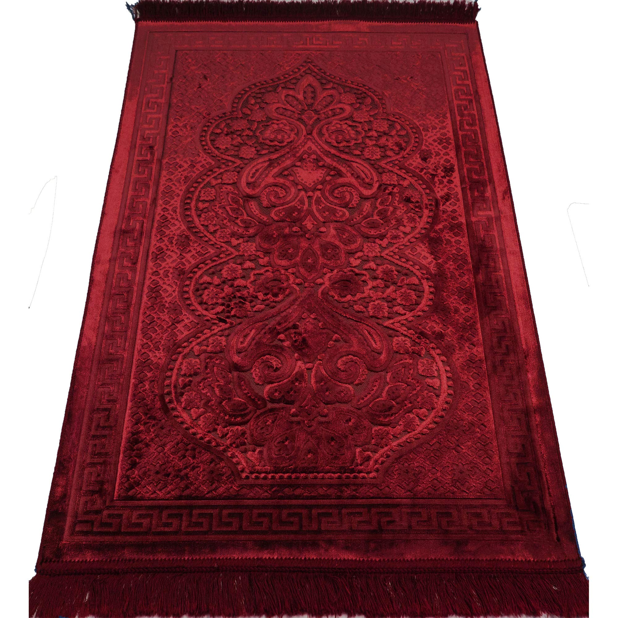 Modefa Luxury Velvet Prayer Rug with Prayer Beads | Soft Elegant Muslim Turkish Janamaz Sajada Carpet for Men and Women | Plain Solid Prayer Mat Ramadan Eid Gift - Paisley (Red)