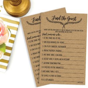 Find the Guest Game - Kraft (50-Sheets) Rustic Bridal Wedding Shower or Bachelorette Party Game, Printed Engagement Rehearsal (Large Size Sheets)