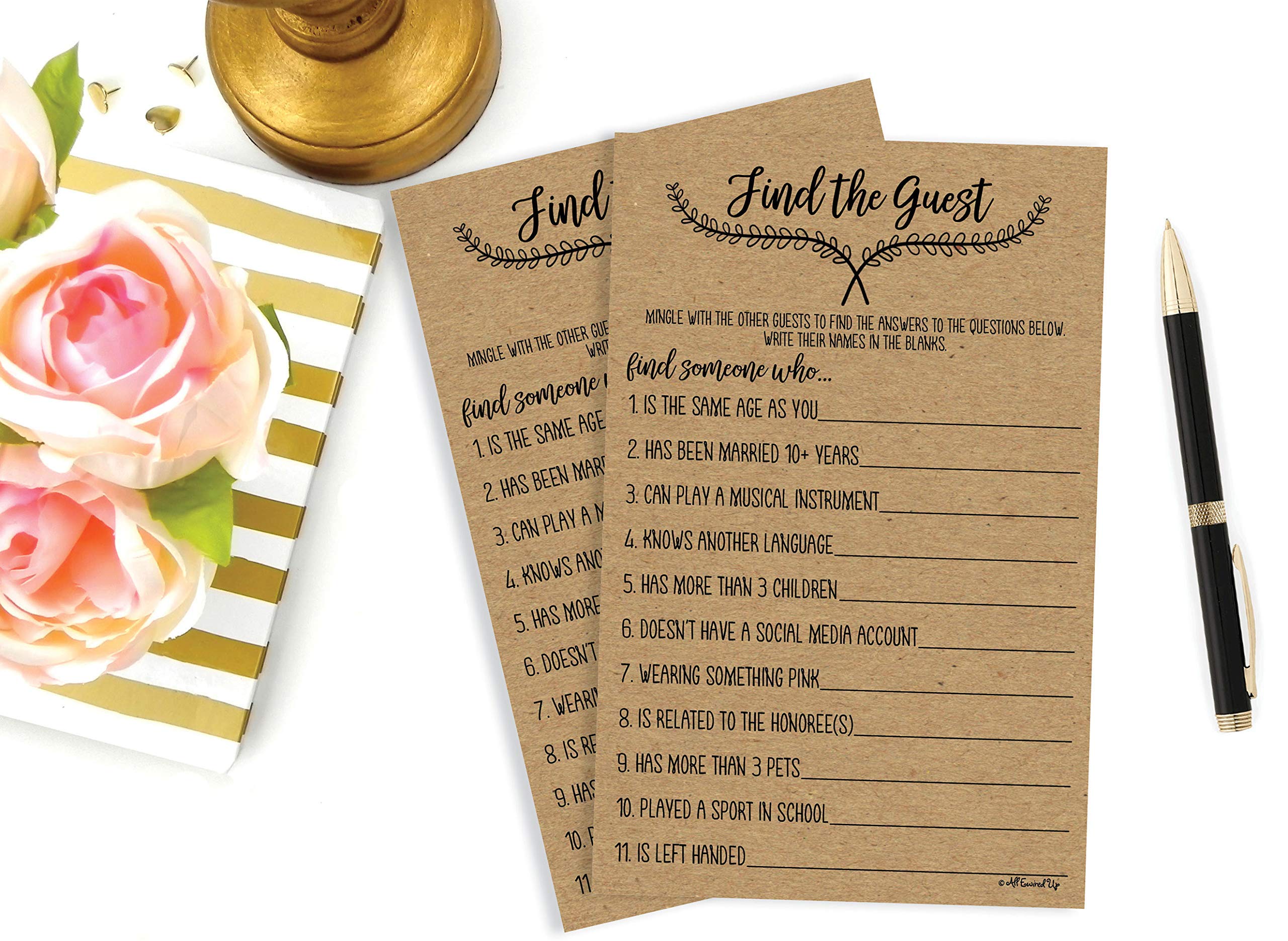 Find the Guest Game - Kraft (50-Sheets) Rustic Bridal Wedding Shower or Bachelorette Party Game, Printed Engagement Rehearsal (Large Size Sheets)