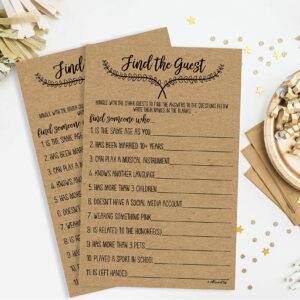 Find the Guest Game - Kraft (50-Sheets) Rustic Bridal Wedding Shower or Bachelorette Party Game, Printed Engagement Rehearsal (Large Size Sheets)