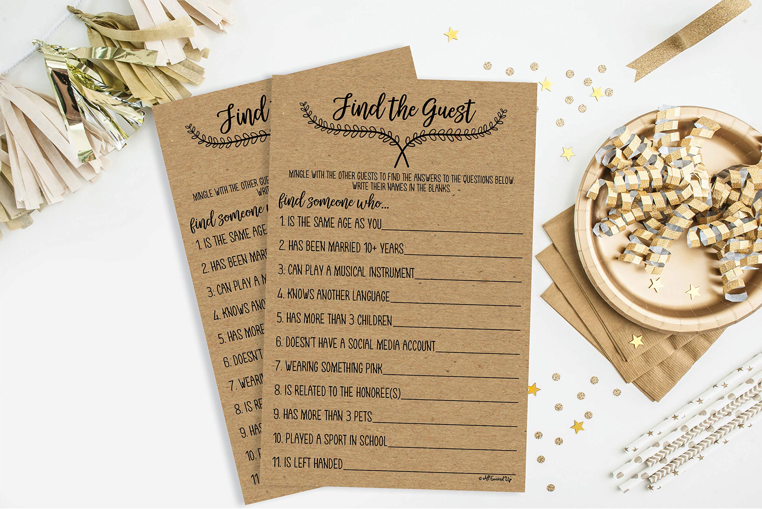 Find the Guest Game - Kraft (50-Sheets) Rustic Bridal Wedding Shower or Bachelorette Party Game, Printed Engagement Rehearsal (Large Size Sheets)