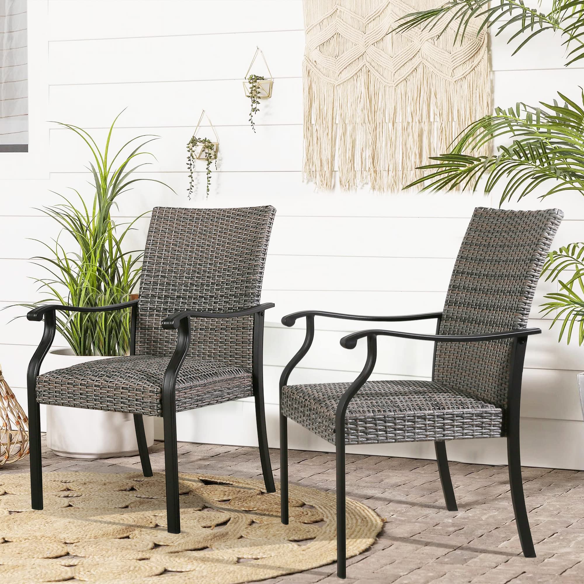 Ulax furniture Outdoor Wicker Dining Armchairs with Padded Quick Dry Foam, Set of 2, Patio Modern Rattan Chairs