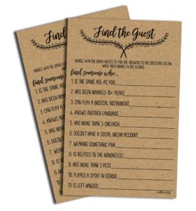 find the guest game - kraft (50-sheets) rustic bridal wedding shower or bachelorette party game, printed engagement rehearsal (large size sheets)