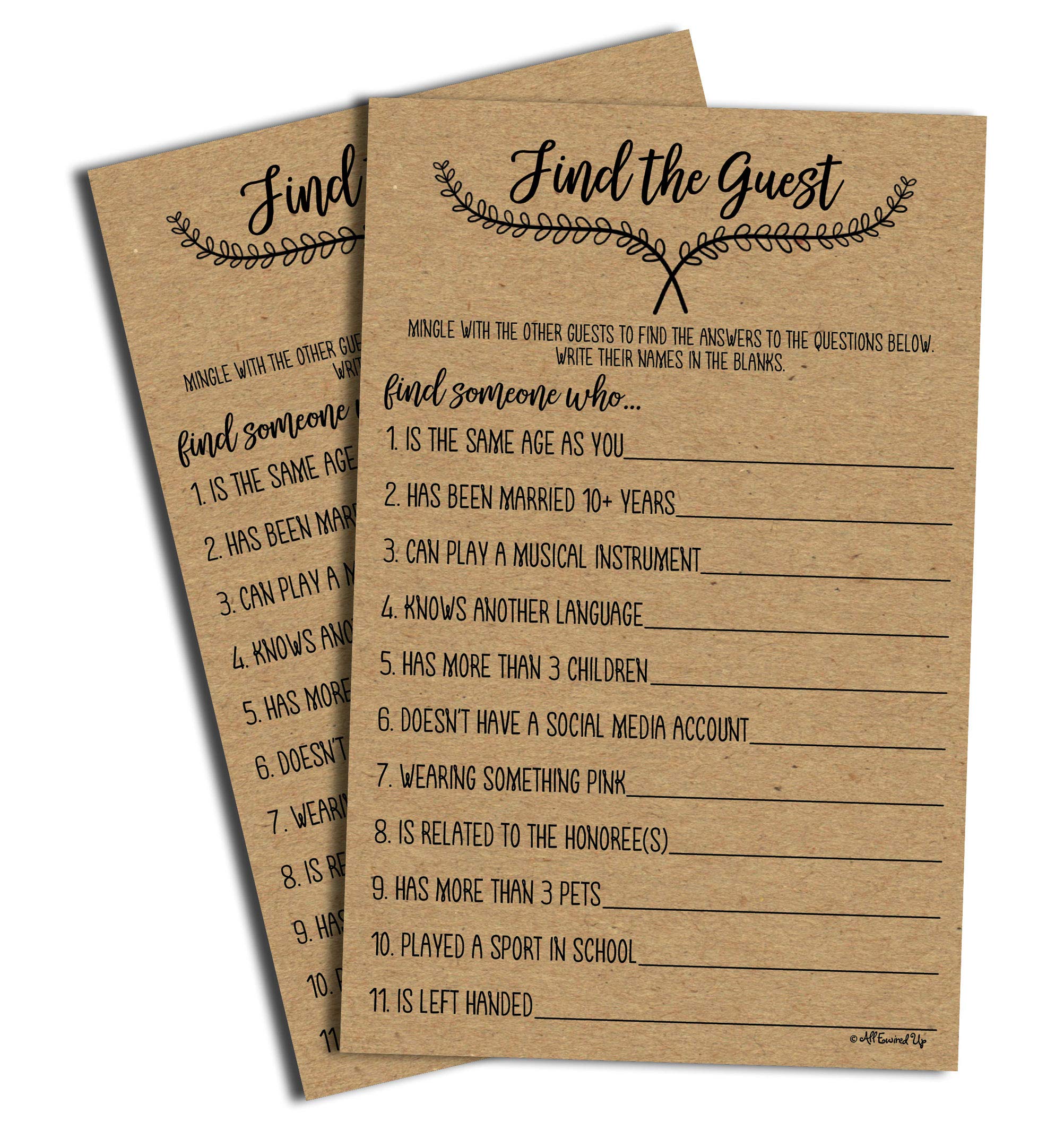 Find the Guest Game - Kraft (50-Sheets) Rustic Bridal Wedding Shower or Bachelorette Party Game, Printed Engagement Rehearsal (Large Size Sheets)