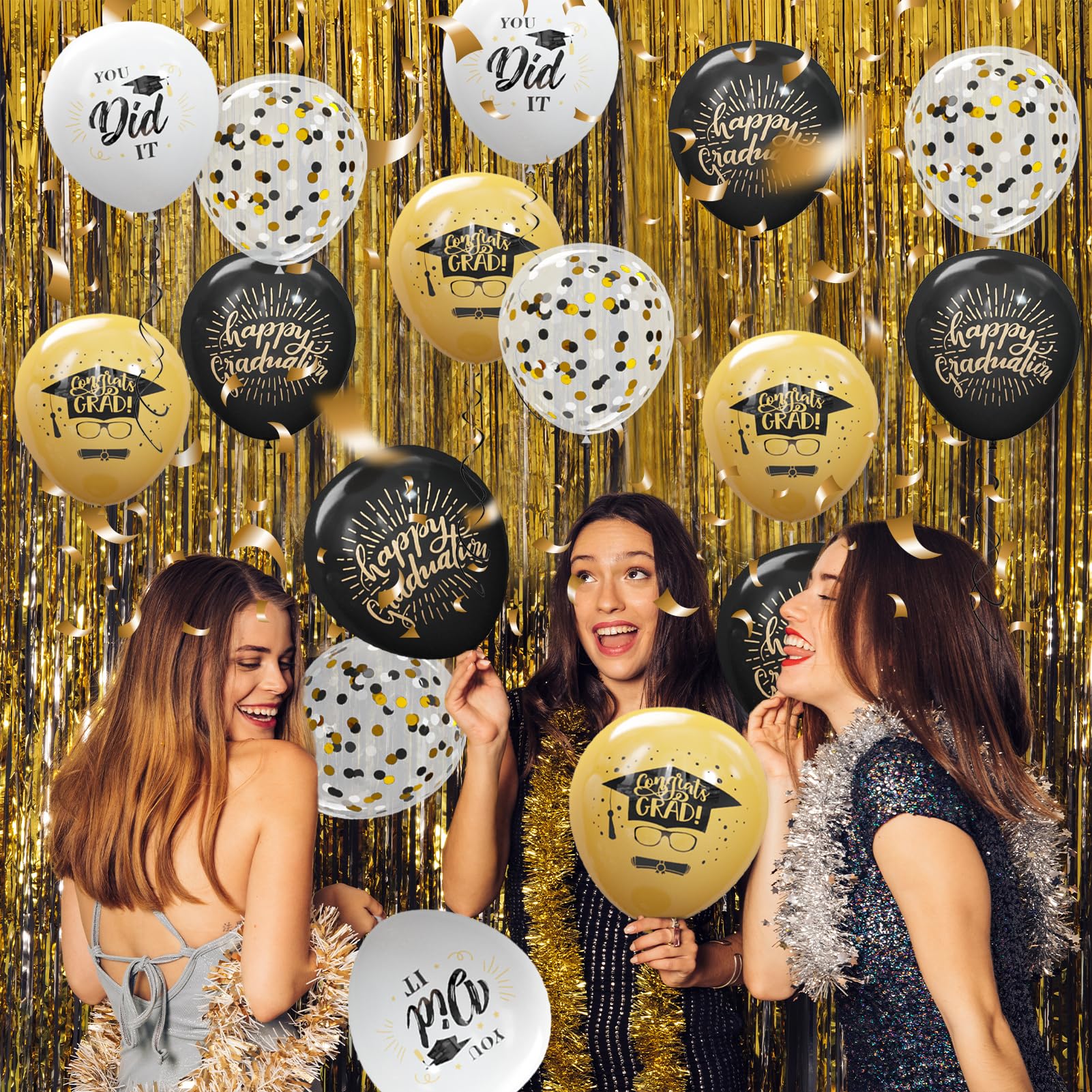 75 Pack Graduation Party Decorations Balloons Set - 12 Inch Black Gold Graduation Balloons with Balloon Ribbons for Graduation Party Decoration Supplies