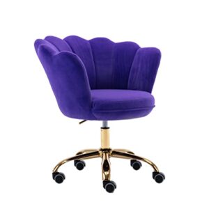 zobido comfy home office task chair with wheels, cute modern upholstered velvet seashell back adjustable swivel vanity desk chair, for women, for girls, living room(purple)