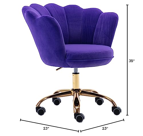 ZOBIDO Comfy Home Office Task Chair with Wheels, Cute Modern Upholstered Velvet Seashell Back Adjustable Swivel Vanity Desk Chair, for Women, for Girls, Living Room(Purple)