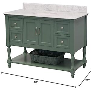 Beverly 48-inch Bathroom Vanity (Carrara/Sage Green): Includes Sage Green Cabinet with Authentic Italian Carrara Marble Countertop and White Ceramic Sink