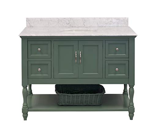 Beverly 48-inch Bathroom Vanity (Carrara/Sage Green): Includes Sage Green Cabinet with Authentic Italian Carrara Marble Countertop and White Ceramic Sink