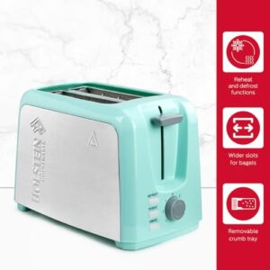 Holstein Housewares - 2-Slice Toaster with 7 Browning Control Settings, Mint/Stainless Steel - Great to Toast Bread, Bagels and Waffles