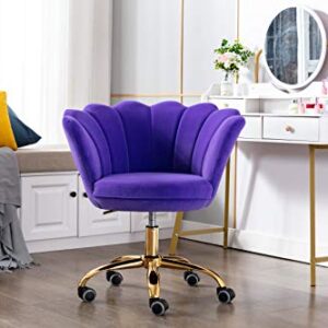 ZOBIDO Comfy Home Office Task Chair with Wheels, Cute Modern Upholstered Velvet Seashell Back Adjustable Swivel Vanity Desk Chair, for Women, for Girls, Living Room(Purple)