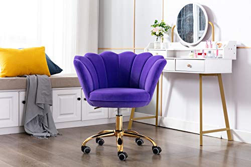 ZOBIDO Comfy Home Office Task Chair with Wheels, Cute Modern Upholstered Velvet Seashell Back Adjustable Swivel Vanity Desk Chair, for Women, for Girls, Living Room(Purple)