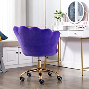 ZOBIDO Comfy Home Office Task Chair with Wheels, Cute Modern Upholstered Velvet Seashell Back Adjustable Swivel Vanity Desk Chair, for Women, for Girls, Living Room(Purple)