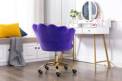 ZOBIDO Comfy Home Office Task Chair with Wheels, Cute Modern Upholstered Velvet Seashell Back Adjustable Swivel Vanity Desk Chair, for Women, for Girls, Living Room(Purple)