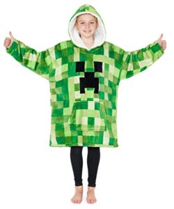 minecraft fleece hoodie blanket for kids and teenagers one size kids fleece poncho with sherpa-lined hood gifts for gamers (light green)