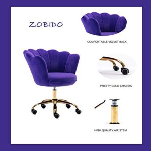 ZOBIDO Comfy Home Office Task Chair with Wheels, Cute Modern Upholstered Velvet Seashell Back Adjustable Swivel Vanity Desk Chair, for Women, for Girls, Living Room(Purple)