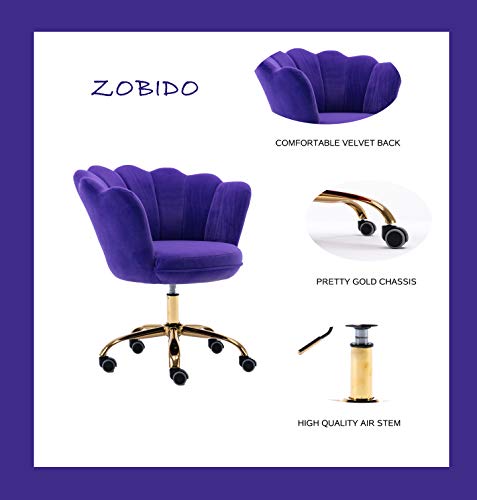 ZOBIDO Comfy Home Office Task Chair with Wheels, Cute Modern Upholstered Velvet Seashell Back Adjustable Swivel Vanity Desk Chair, for Women, for Girls, Living Room(Purple)