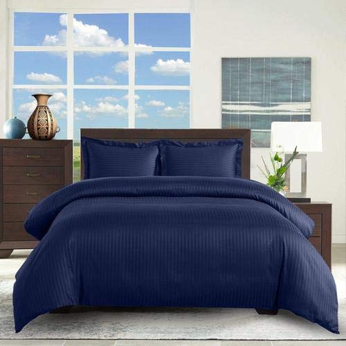 Golinens Luxury Duvet Cover Set Damask Stripe 300-Thread-Count Full/Queen Size, Navy