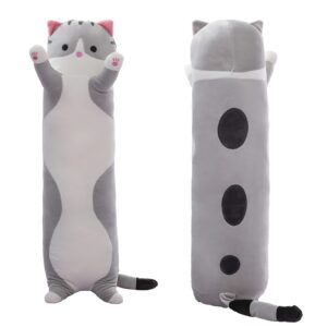 shinuoer long cat plush pillow cat body pillow,gray cat stuffed animals soft plushies kawaii stuffed kitten plush toy for kids girlfriend(gray, 19.7inch)