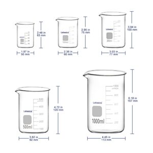 Labasics Glass Beaker Set, Borosilicate Glass Graduated Low Form Griffin Beakers in 5 Sizes, 50 ml/100 ml/250 ml/500 ml/1000 ml (1 L), Combo Pack