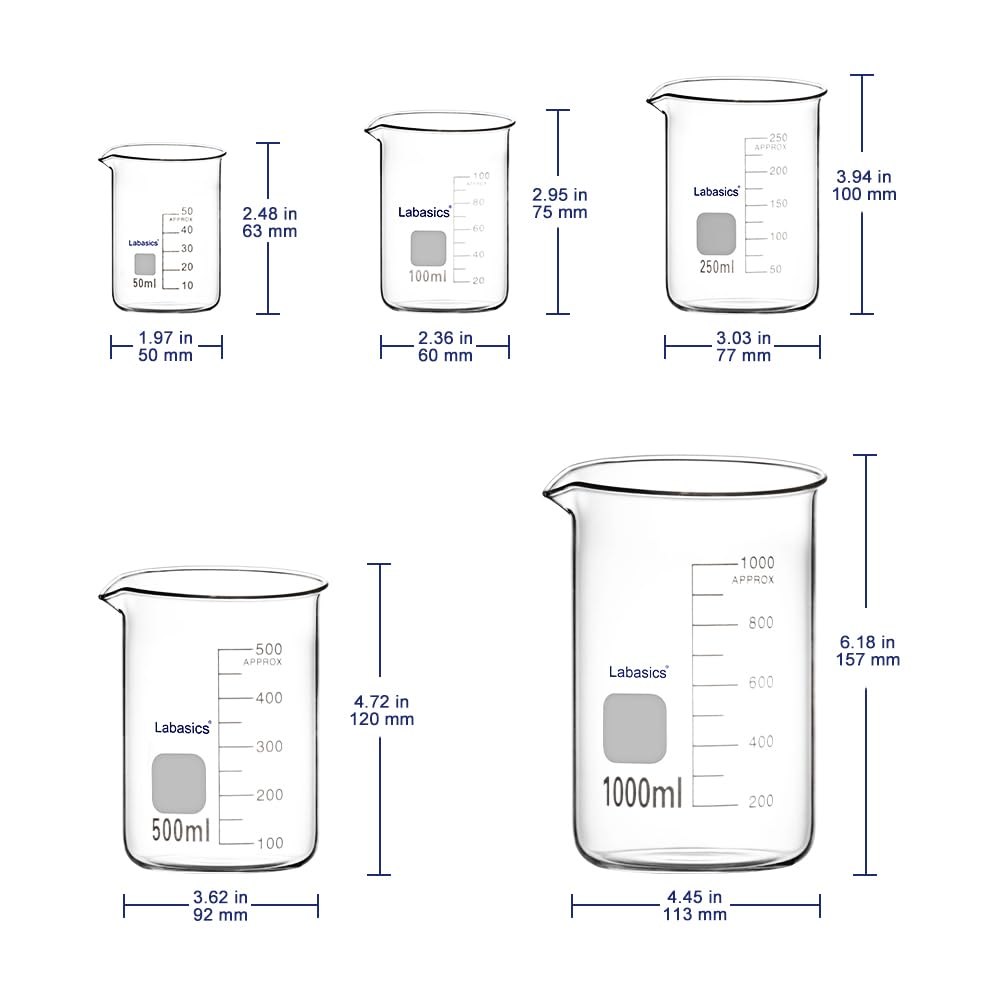 Labasics Glass Beaker Set, Borosilicate Glass Graduated Low Form Griffin Beakers in 5 Sizes, 50 ml/100 ml/250 ml/500 ml/1000 ml (1 L), Combo Pack