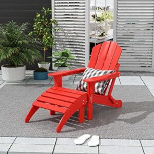 WO Home Furniture Adirondack Chair Outdoor Ottoman Set of 2 PCS Classic Patio Furniture (Red)