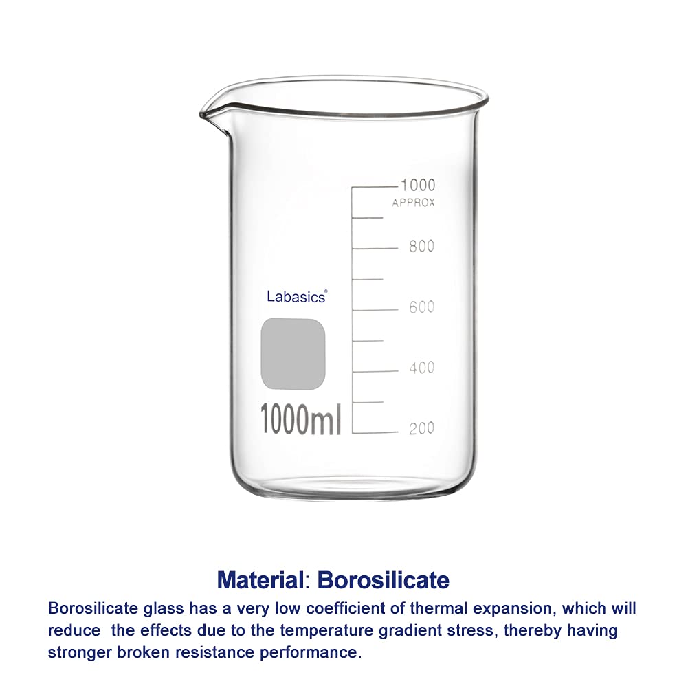 Labasics Glass Beaker Set, Borosilicate Glass Graduated Low Form Griffin Beakers in 5 Sizes, 50 ml/100 ml/250 ml/500 ml/1000 ml (1 L), Combo Pack