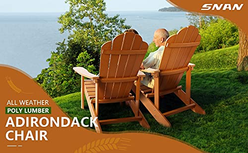 SNAN Adirondack Chair with Cup Holder, All-Weather Plastic Patio Chair for Garden&Outdoor Fire Tables, Fade-Resistant Outdoor Seating, Wood-Like Processing and Sturdy Outdoor Chair(Teak)