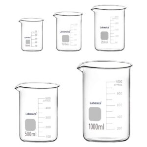 labasics glass beaker set, borosilicate glass graduated low form griffin beakers in 5 sizes, 50 ml/100 ml/250 ml/500 ml/1000 ml (1 l), combo pack