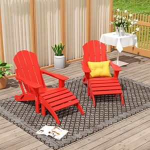 WO Home Furniture Adirondack Chair Outdoor Ottoman Set of 2 PCS Classic Patio Furniture (Red)