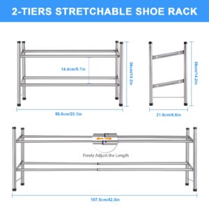 NiHome 2-Tier Expandable Shoe Rack - Lightweight, Stackable and Space-Saving Metal Organizer for 6-10 Pairs of Shoes - Ideal for Closet, Hallway, Entryway, Living Room, Bedroom (Silver)