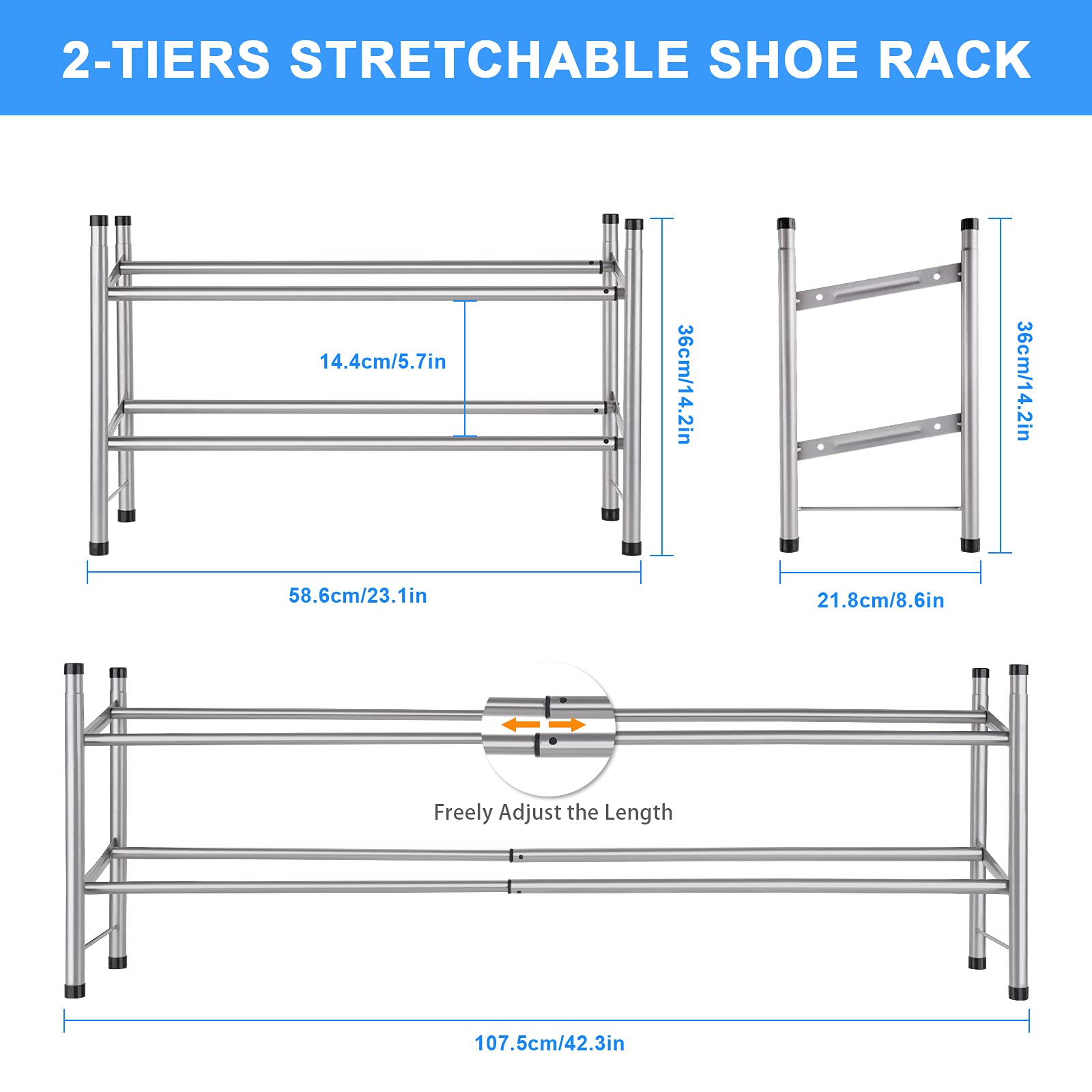 NiHome 2-Tier Expandable Shoe Rack - Lightweight, Stackable and Space-Saving Metal Organizer for 6-10 Pairs of Shoes - Ideal for Closet, Hallway, Entryway, Living Room, Bedroom (Silver)