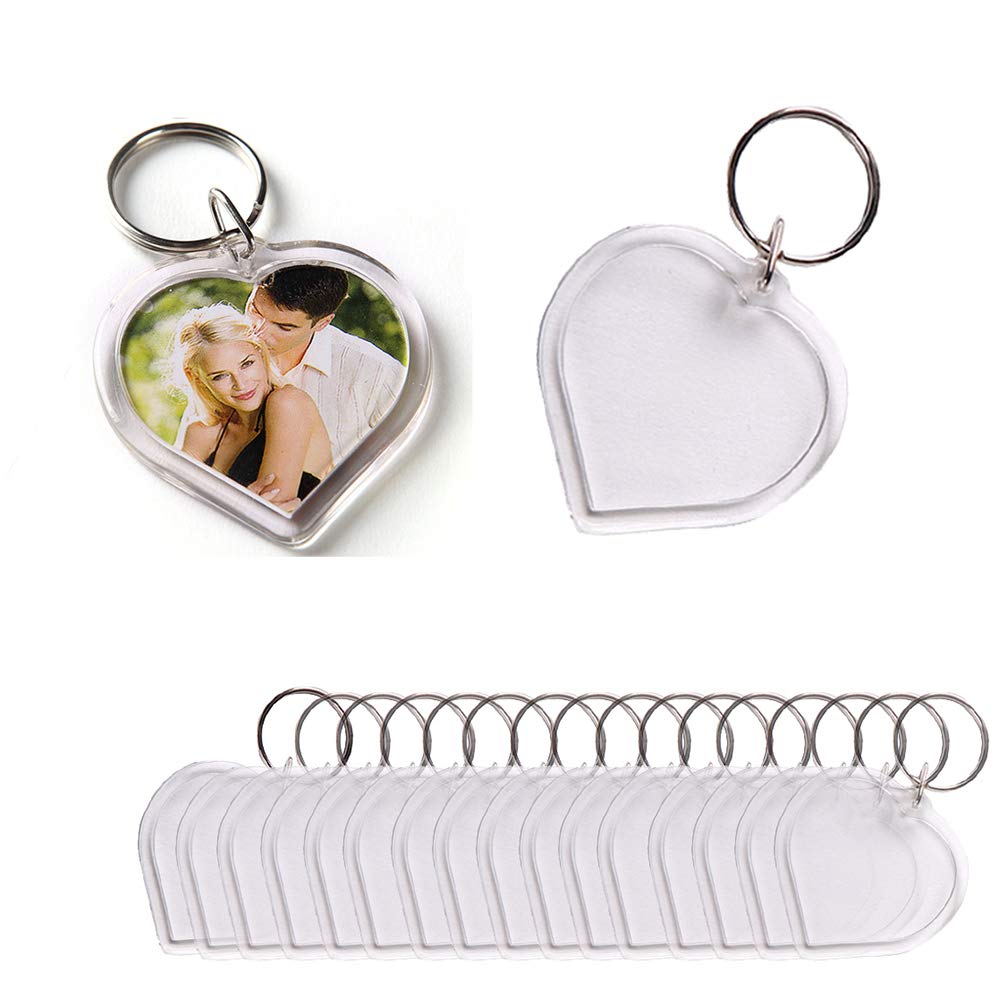 QUUPY 25PCS Clear Acrylic Love Heart Blank DIY Insert Photo Picture Frame Split Keyring Key Ring Keychain Snap-in Photo Holder Key Chain Keyholder for Family Lovers and Friends