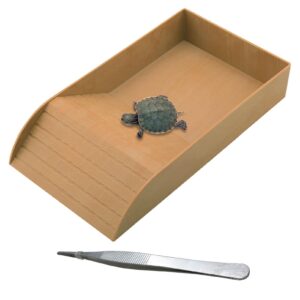 kathson reptile tortoise turtle feeding dish with ramp and basking platform plastic turtle food and water bowl also fit for bath horned frogs lizards amphibians (brown, emulational wood)