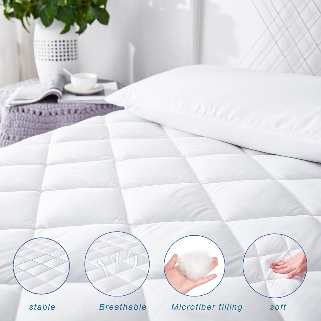 Uraclaire Mattress Pad with 8-21'' Deep Pocket,Cooling Mattress Topper Cover,Ultra Soft Quilted Fitted Breathable Fluffy Microfiber Mattress Protector(King)