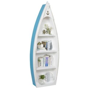 dutchcrafters 4 foot small wooden coastal sailboat bookcase with four shelves, nautical room decor, beach themed solid wood boat shaped book shelf for bathroom, bedroom, home decor (powder blue)