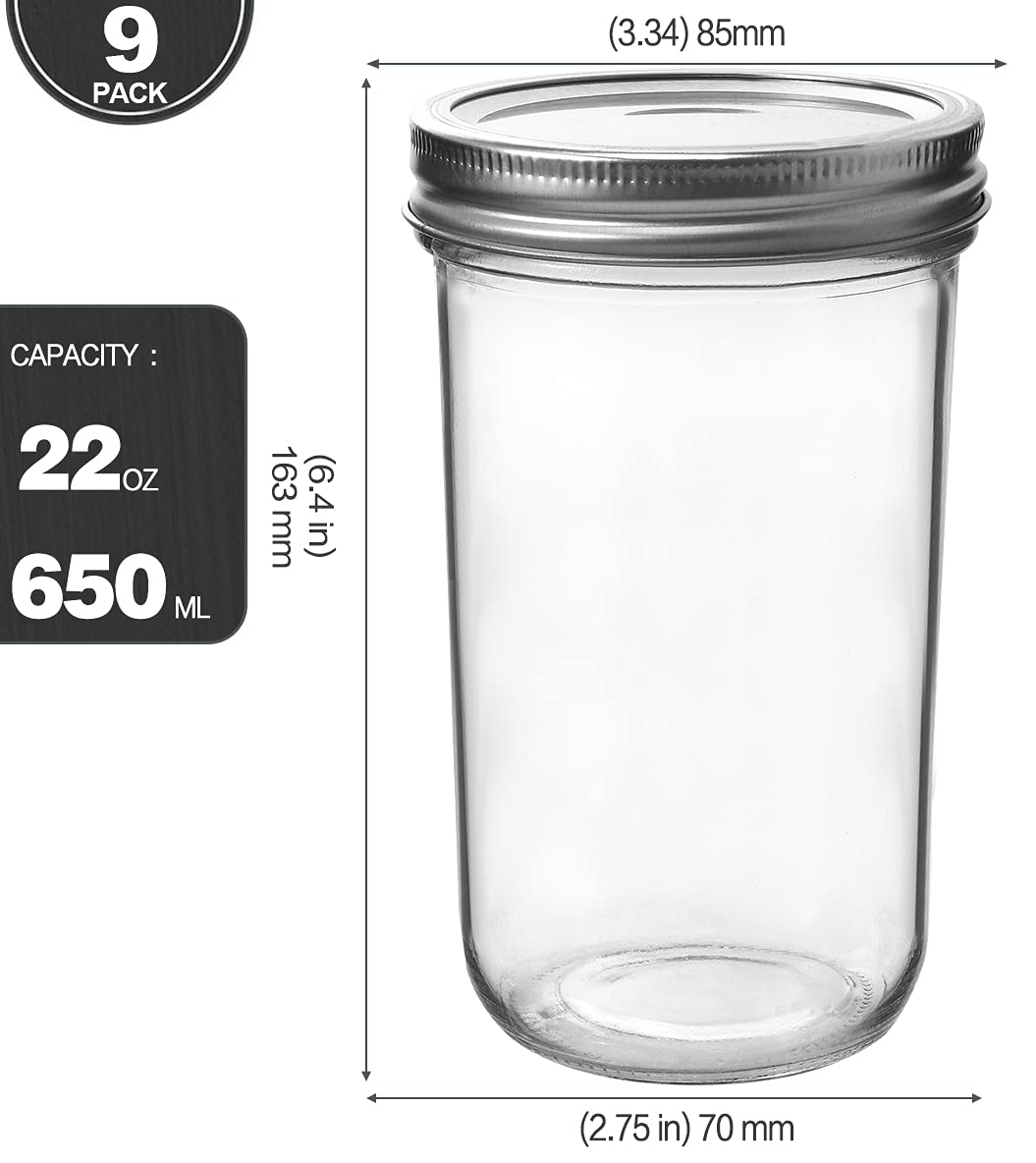 KAMOTA Wide Mouth Mason Jars 9 PACK 22 oz With Lids and Bands, Ideal for Jam, Honey, Wedding Favors