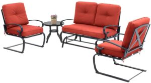 crownland outdoor furniture patio conversation set (loveseat, coffee table, 2 spring chair) metal frame wrought iron look with cushions (red)