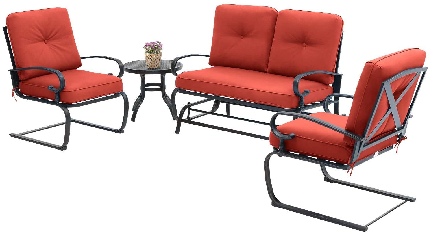 Crownland Outdoor Furniture Patio Conversation Set (Loveseat, Coffee Table, 2 Spring Chair) Metal Frame Wrought Iron Look with Cushions (Red)