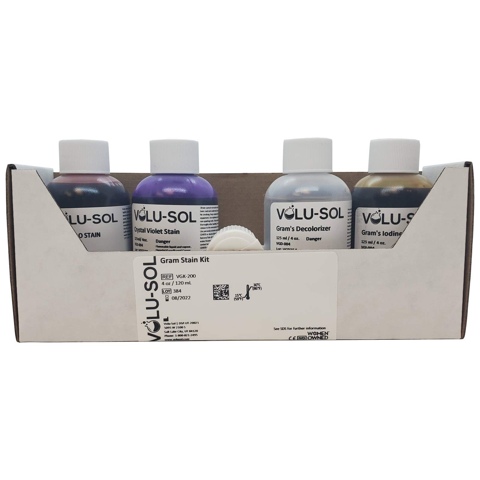 Volu-Sol Gram Stain Kit - Distinguish Gram-Positive from Gram-Negative Microorganisms with Precision, Comprehensive Microscope Accessories & Staining Kit, for Laboratories & Education - 125 mL / 4oz